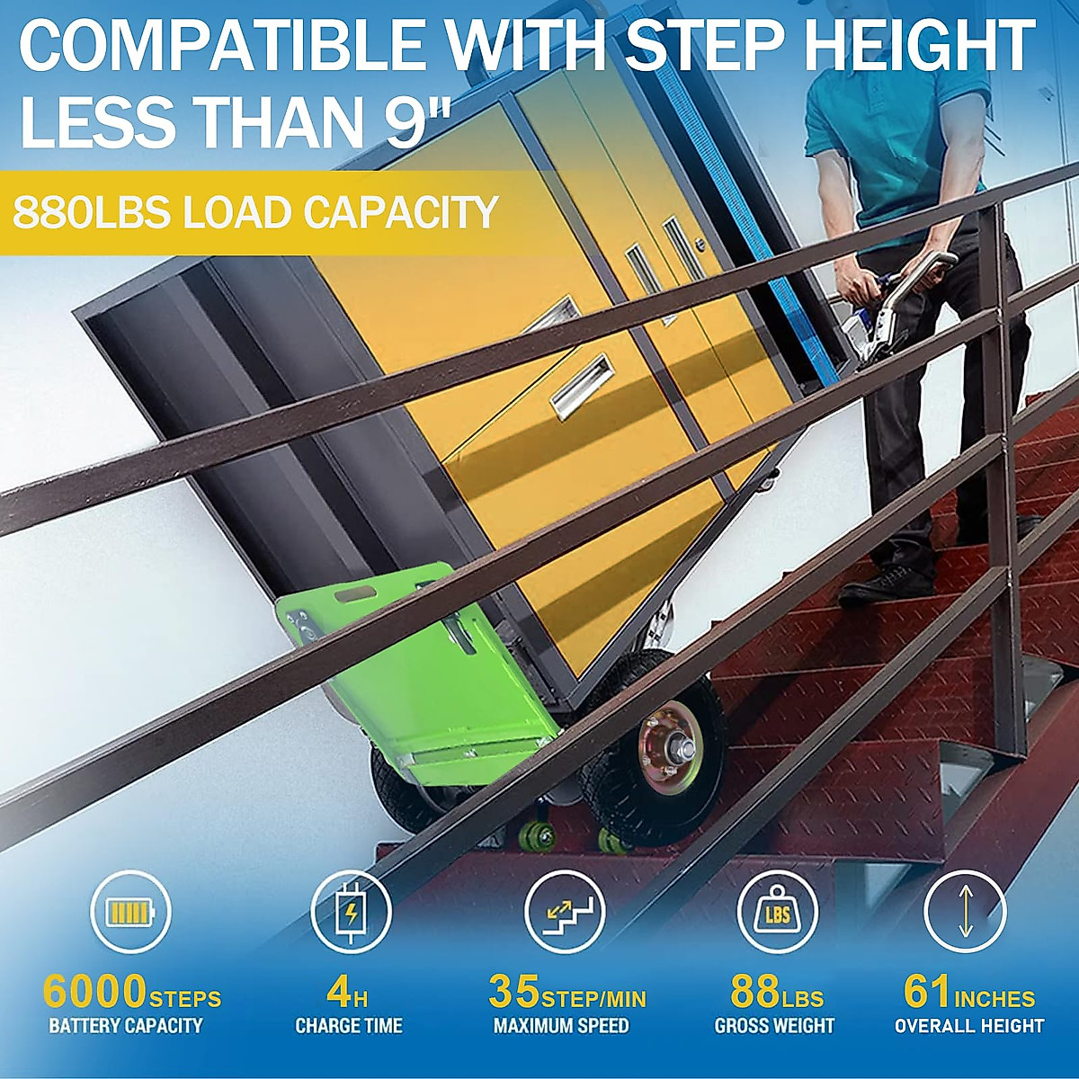 RXFSP Electric Stair Climbing Dolly, 1200W Powered Electric Stair Climbing Hand Trucks Dolly Cart for Moving, 880lb Capacity Heavy Duty Stair Climber