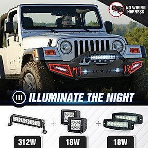 YZONA Off-road Front Bumper Compatible with 1987-2006 Jeep Wrangler TJ YJ LJ Rock Crawler Bumper w/Paintable Armor, Winch Plate, 1 x 312W LED Light, 4 x 18W LED Lights & D-rings, 2/4 Doors (Black)