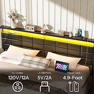 HOOBRO King Size Upholstered Headboard, Storage Rack with Charging Stations and LED Lights, PU Upholstery, Headboard with Open Storage Shelf, Adjustable Height, Sturdy and Stable, Black