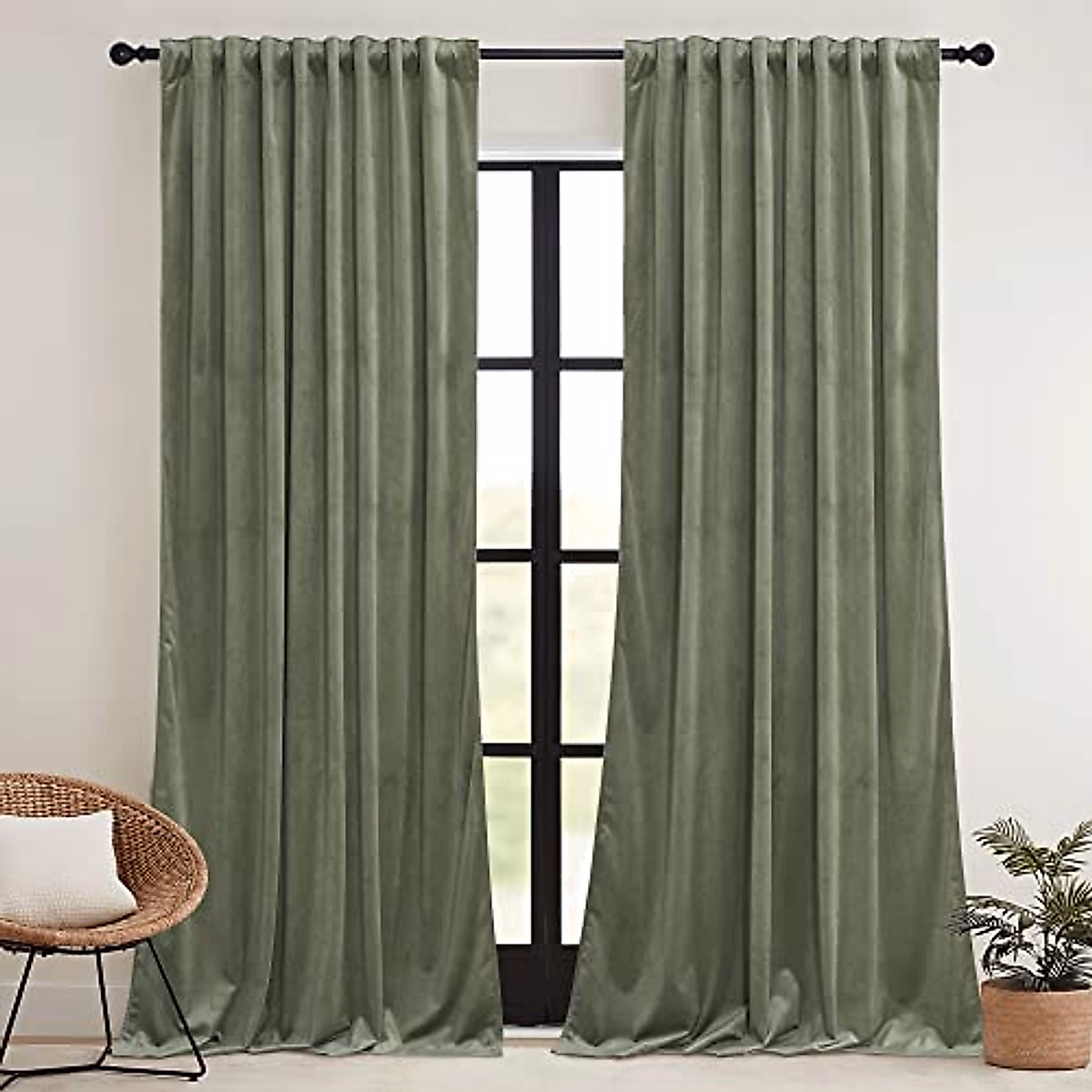 RYB HOME Sage Green Velvet Curtains 84 inch, Room Darkening Super Soft Velvet Drapes for Living Room Thermal Insulated Pleat Tapes Window Treatment for Bedroom Playroom, W52 x L84 inch, 2 Panels