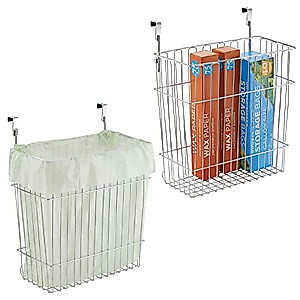 mDesign Steel Metal Wire Hanging Over Door Kitchen Storage Organizer Basket/Trash Can - Hangs Over Cabinet Doors for Bags, Tin Foil, Wax Paper, Saran Wrap - Concerto Collection - 2 Pack - Chrome