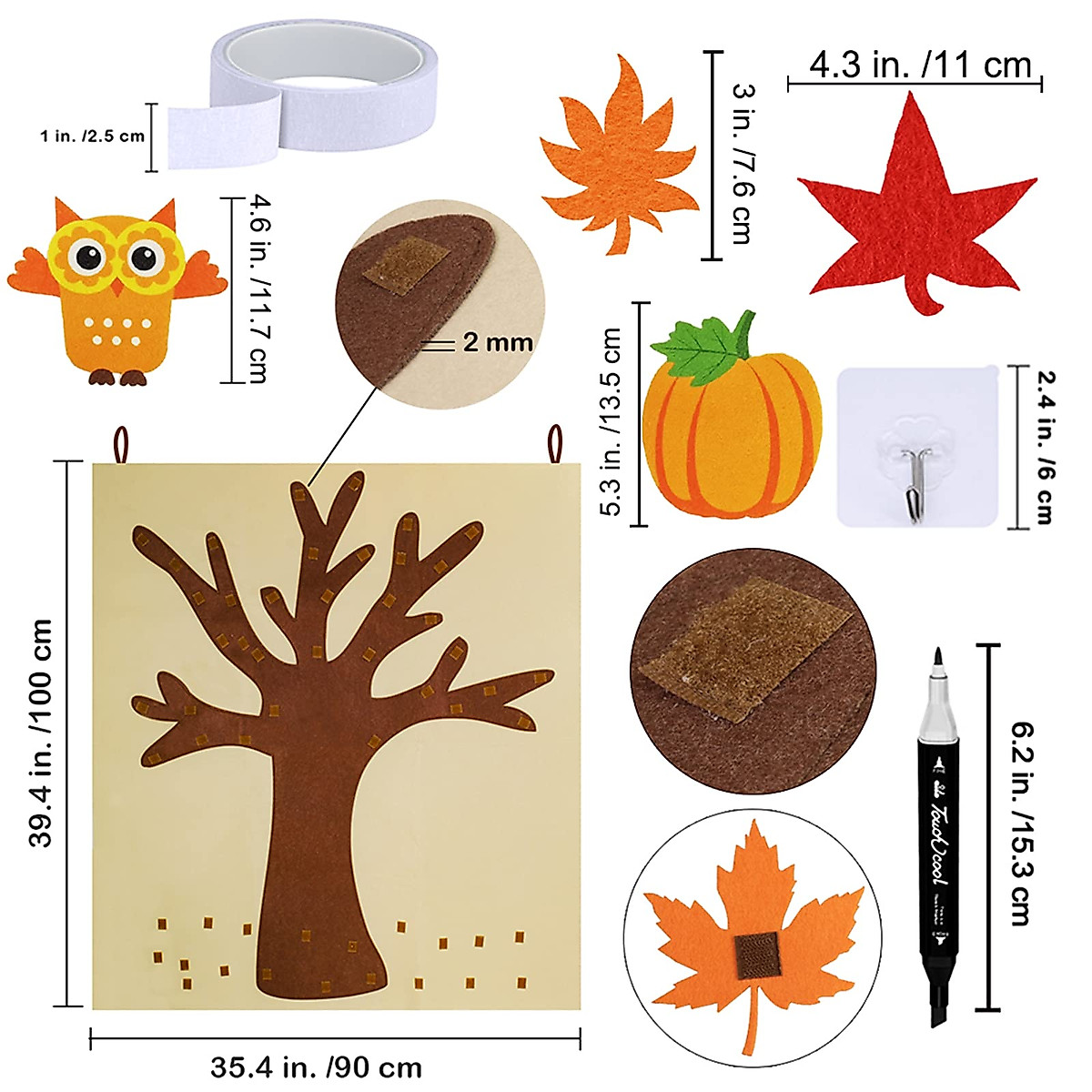 Winlyn Fall Tree of Thanks Craft Kit Fall Felt Bulletin Board Set Felt Fall Tree Board with 81 PCS Detachable Autumn Leaf Pumpkin Owl Sunflower Ornaments for Kids Classroom Craft Thanksgiving Activity