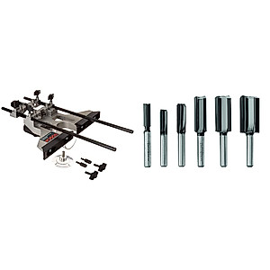 BOSCH RA1054 Deluxe Router Edge Guide with Dust Extraction Hood & Vacuum Hose Adapter, Black&BOSCH 6 pc. Carbide-Tipped Groove Cutter Router Bit Set