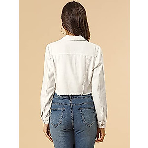 Allegra K Women's Jean Jacket Frayed Button Up Washed Cropped Denim Jacket Medium White
