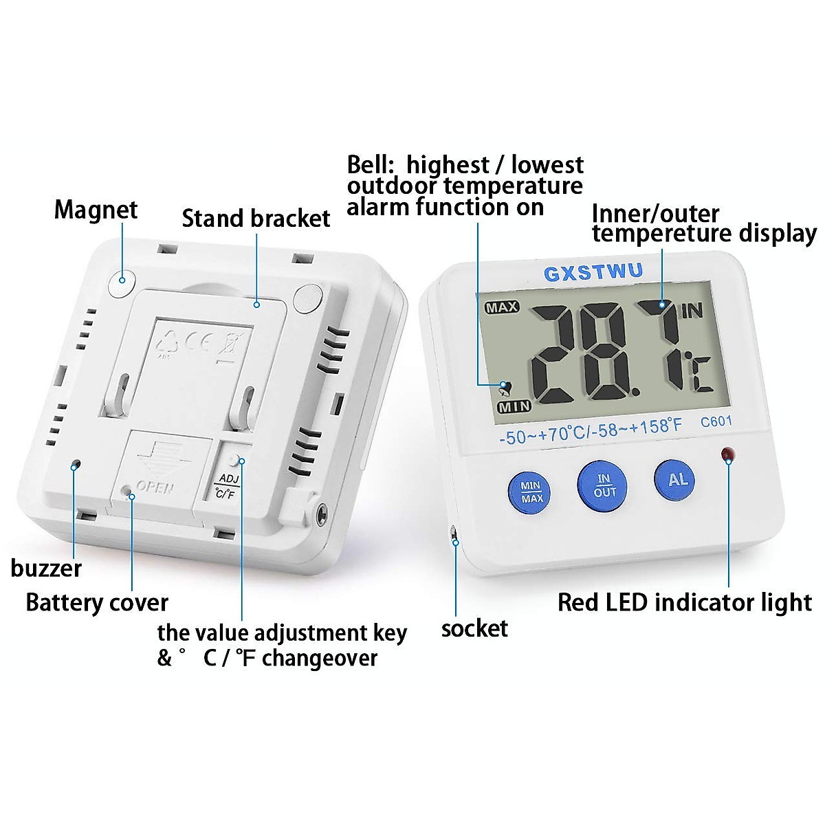 Fridge Freezer Thermometer Max/Min Memory LXSZRPH High & Low Temperature Alarms Settings with LED Indicator Digital Refrigeration Thermometer with Magnetic,Stander (WhiteMeter2pack)