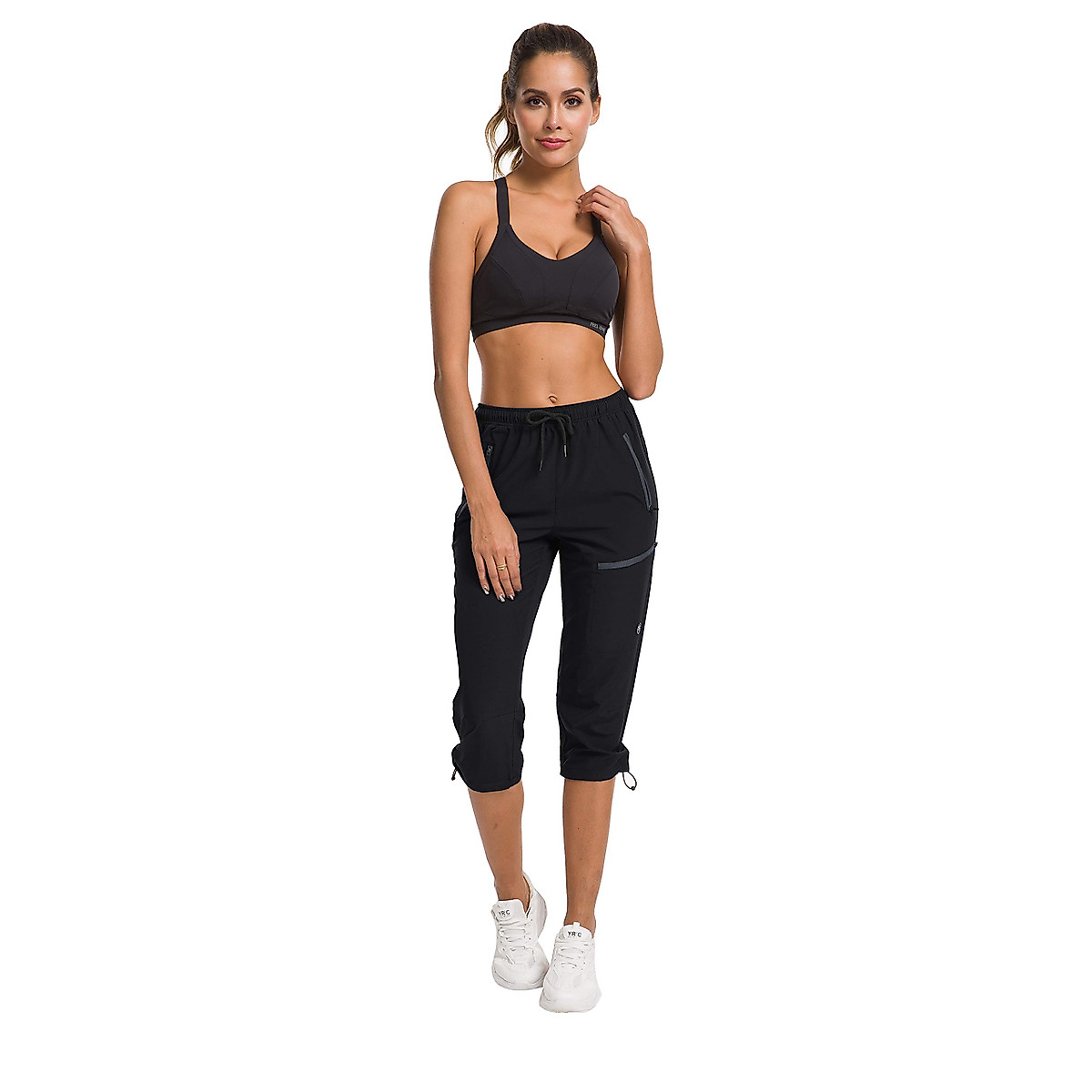 ChinFun Women's Hiking Capris Pants Outdoor Quick Dry Cargo Cropped Pants Water Resistant UPF 50+ Black XL