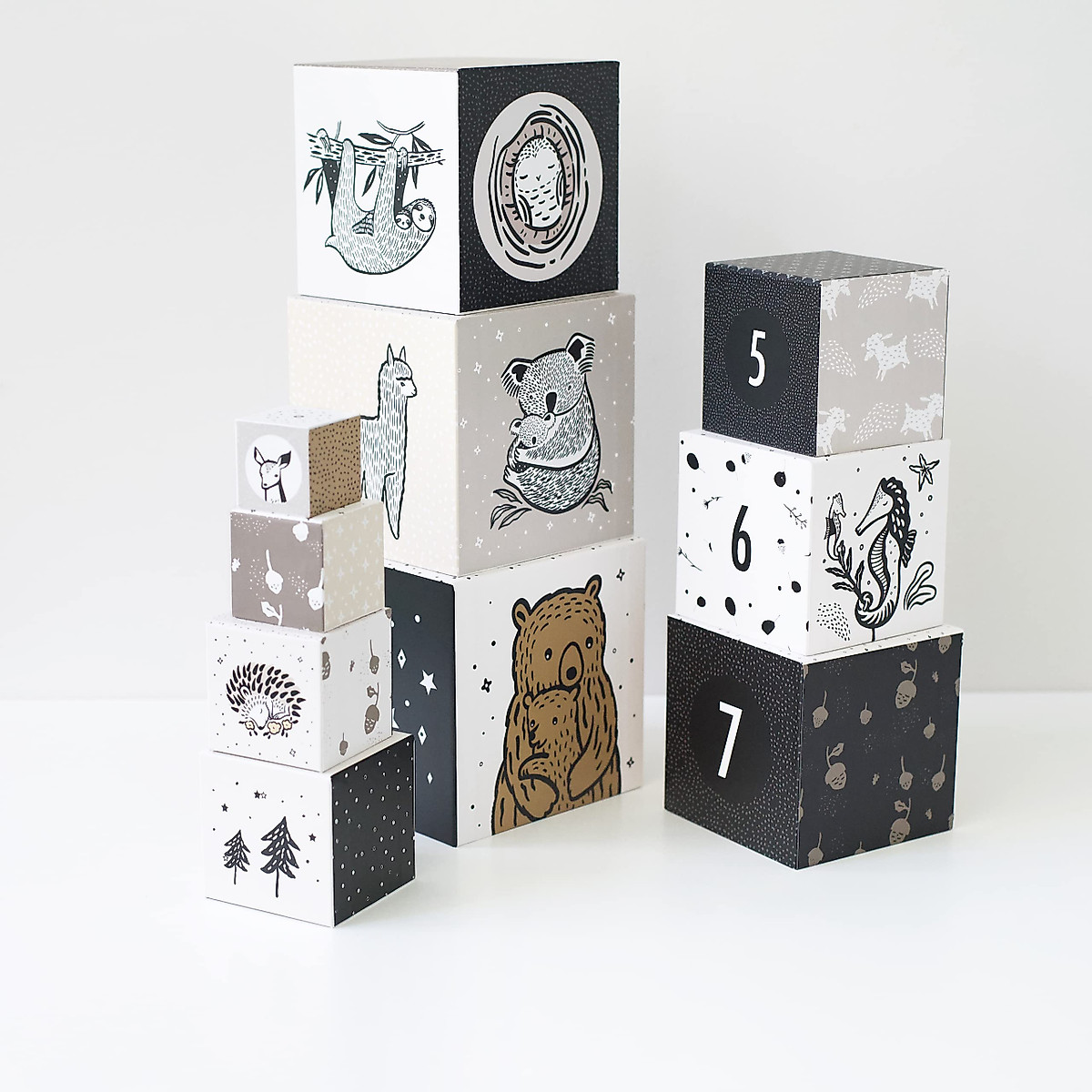 Wee Gallery Nesting Blocks - Baby Animals and Numbers - Black and White Stacking and Building Toy for Toddlers and Kids - Motor Skills, Creative Play and Problem Solving for Children (Ages 2 and up)