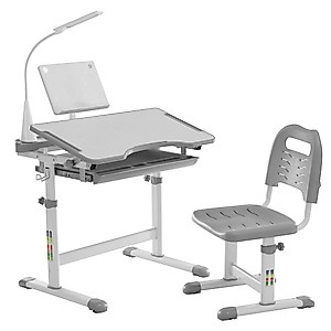 Diroan Kids Functional Desk and Chair Set, Ergonomic Height Adjustable Children School Study Desk with Tilt Desktop, Book Stand, LED Light, Metal Hook and Storage Drawer for Boys Girls(Grey)