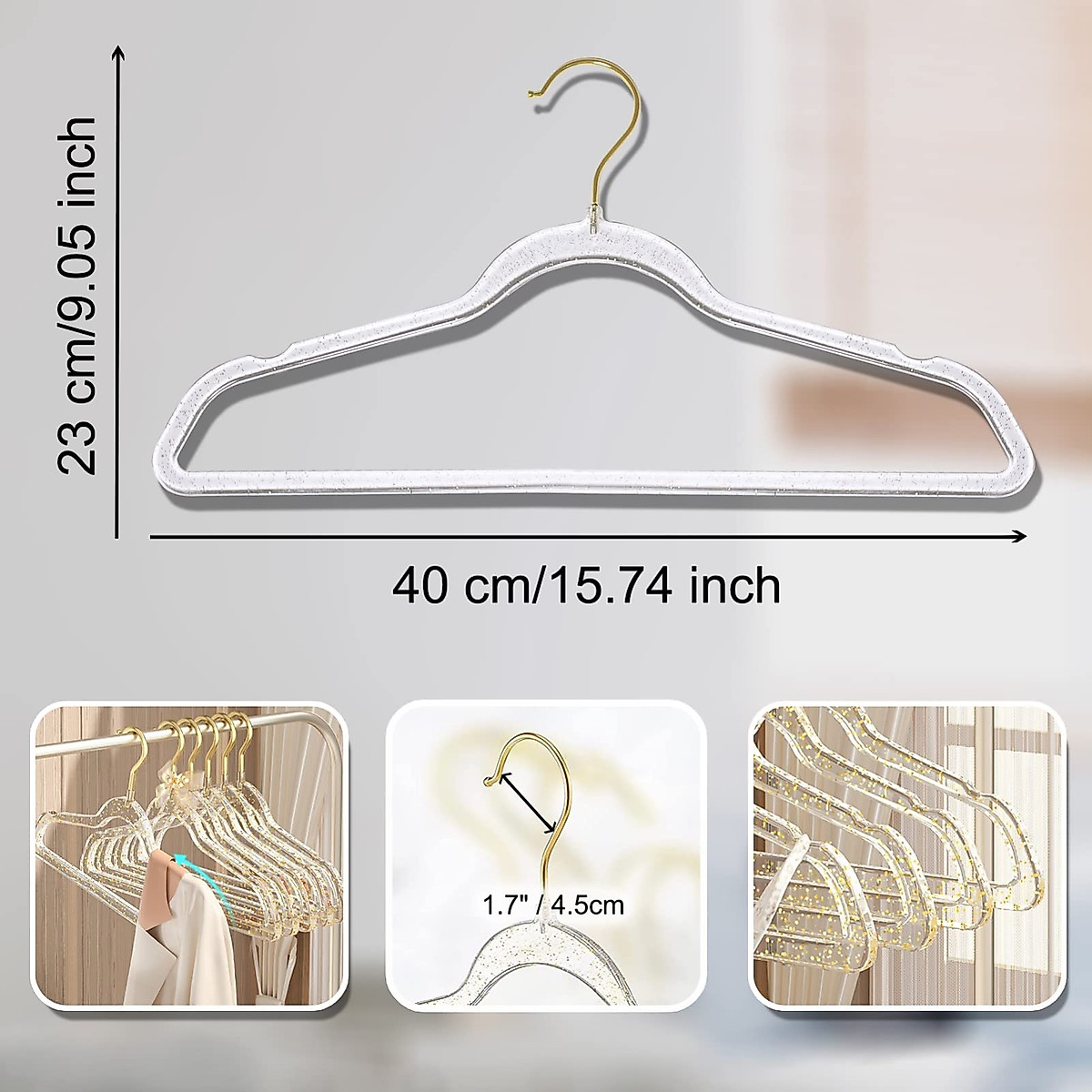 Clear Clothes Hangers 16", 20 Pack Plastic Coat Hanger for Adult Closet, Durable Bling Ganchos de Ropa with Swivel Hook, Notched Shoulders & Ultra-Thin Space Saving Laundry Hanger for Dress Suits