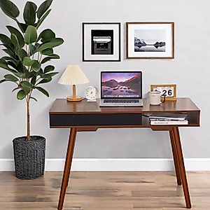 GarveeHome 42 Inch Mid Century Home Office Writing Desk, Modern Simple Computer Desk with Drawer and Open Storage Cubby, Small Vanity Table Desk for Bedroom, Walnut