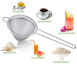 2 Pack Stainless Steel 18/8 Small Food Strainer, Fine Mesh Sieve with Long Handle, Cocktail Strainer For Cocktails, Tea Herbs, Coffee & Drinks, Rust Proof & Great as Tea Strainer, 3.5inch