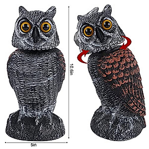 Hausse 2 Pack Bird Scarecrow Fake Owl Decoy Sculpture, Rotating Head Plastic Owl Bird Deterrents, 10.6 Inch Height Nature Enemy Horned Pest Repellent for Outdoor Garden Yard
