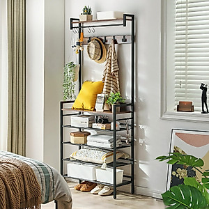 IBUYKE Coat Rack Shoe Rack, 4 in 1 Multi-Function Hall Tree with Slant Adjustable Shoe Storage, 5-Tier Storage Shelf and 9 Hooks Removable, Industrial Accent Furniture for Entryway, UTXJ008H