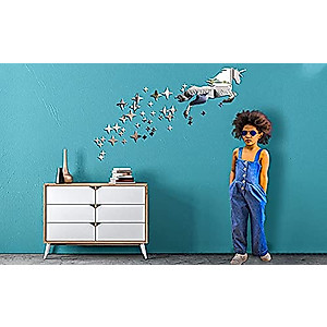 Unicorn Mirror Wall Stickers, Removable Acrylic Mirror Wall Sticker Decals, DIY Self Adhesive Stars Art Wall Decal Murals Home Wall Decoration Stickers for Living Room Kids Bedroom Office Baby Nursery