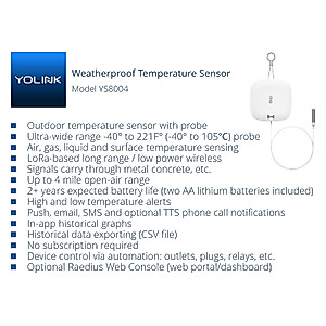YoLink Weatherproof Fluid, Air, Surface Extreme High/Low Temperature Sensor with Probe, 1/4 Mile Long Range, YoLink Hub Required