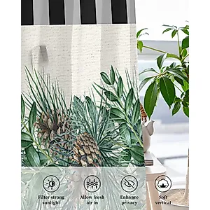 Christmas Sheer Curtains 39 Inches Long, Pine Branch Pine Cone on Buffalo Plaid Window Curtain Drapes Light Filtering Voile Curtains for Bedroom/Living Room/Kitchen (W27.5 x L39 Inch, 2 Panels)