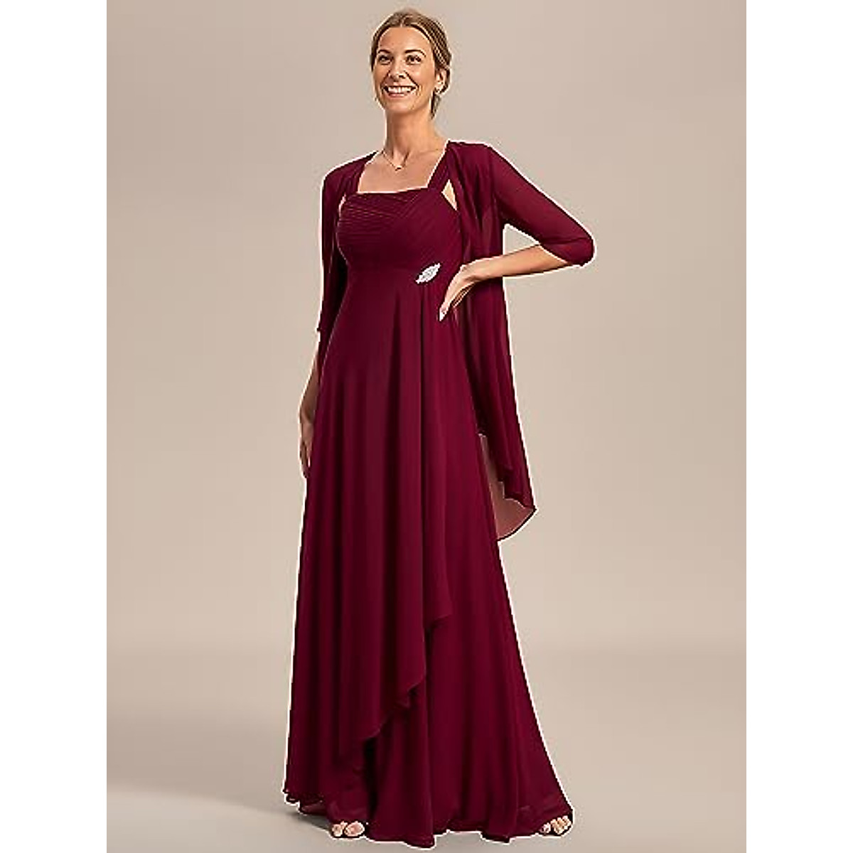 Ever-Pretty Women's Asymmetry Hem Chiffon Crystal Pleated Maxi Evening Dress with Brooch Burgundy US10