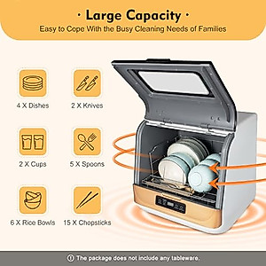 RustyVioum 1200W Kitchen Countertop Dishwasher, Portable Mini Dishwashe 360° Streak-Free Deep Cleaning, 4 Washing Programs Automatic Dish Washing Machine for Home, Apartment, Black