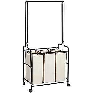 Laundry Sorter Cart 3 Section with Hanging Bar Heavy Duty Laundry Basket on Wheels Rolling Laundry Hamper with Removable Bags