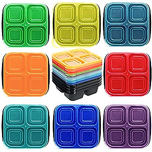 Youngever 8 Pack 4-Compartment Reusable Snack Box Food Containers, Bento Lunch Box, Meal Prep Containers, Divided Food Storage Containers, in 8 Assorted Color