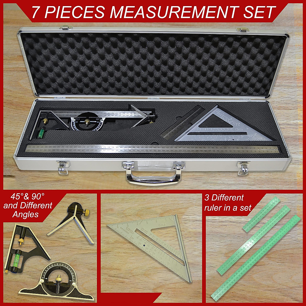 SOWL 7 Pcs Combination Square Set | 3 Size Rulers | Framing Rafter Square for Speed & Accuracy | Multi Angle Measurement Tool Bundle for Carpenters | Large Aluminum Case