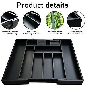 ZHOMA Bamboo Expandable Kitchen Drawer Organizer for Utensils Holder - Silverware Organizer/Utensil Holder and Cutlery Tray with Grooved Drawer Dividers - Black