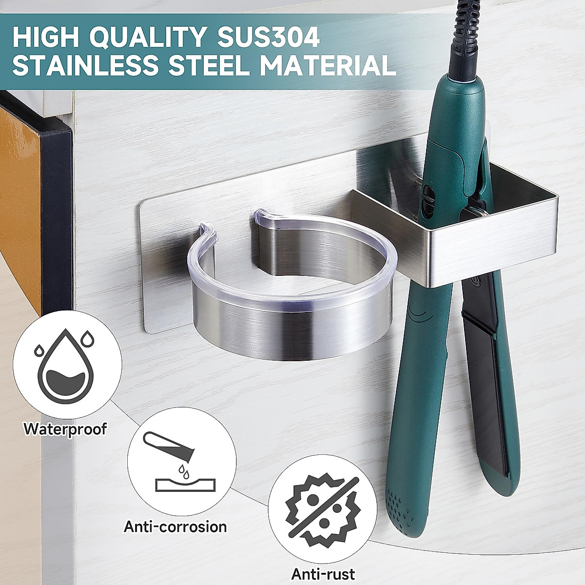 Hair Dryer Holder, Hair Tool Organizer, Stainless Steel Blow Dryer Holder Wall Mounted, Adhesive Hair Straightener Holder, Bathroom Bedroom Hair Care Styling for Flat Iron,Curling Iron,Hairdryer