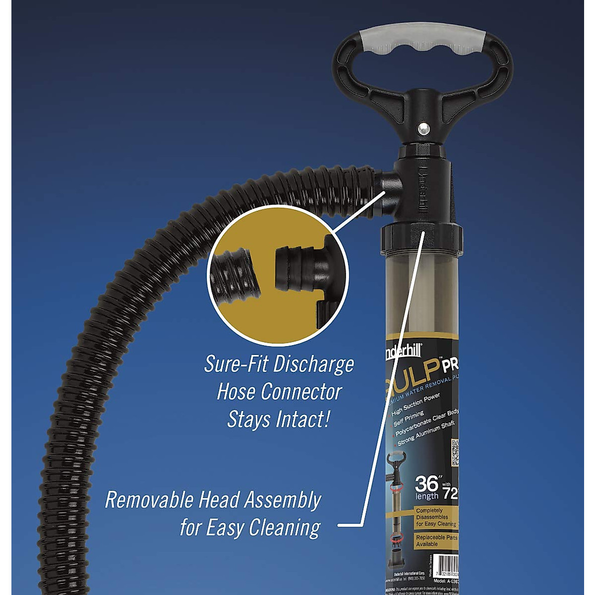 Underhill Siphon Suction Water Pump with Hand Manual Plunger 36" Length with 72" Outlet Hose, For Irrigation, Sprinkler, Fluid Transfer, Super High Capacity Water Removal, Big Gulp Pro, A-G3672CK