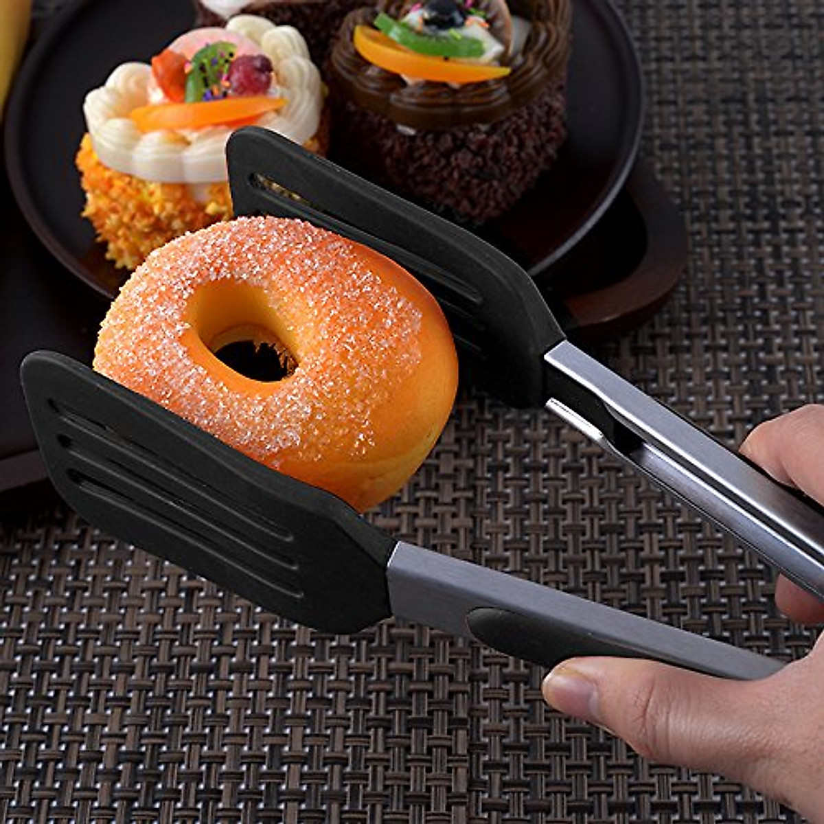 STARUBY Cooking Tongs 9 inches and 12 inches Stainless Steel Kitchen Silicone Serving Tongs Heat Resistant Meat Turner Spatula Tongs Fish Tongs with Locking Handle Joint (Black)