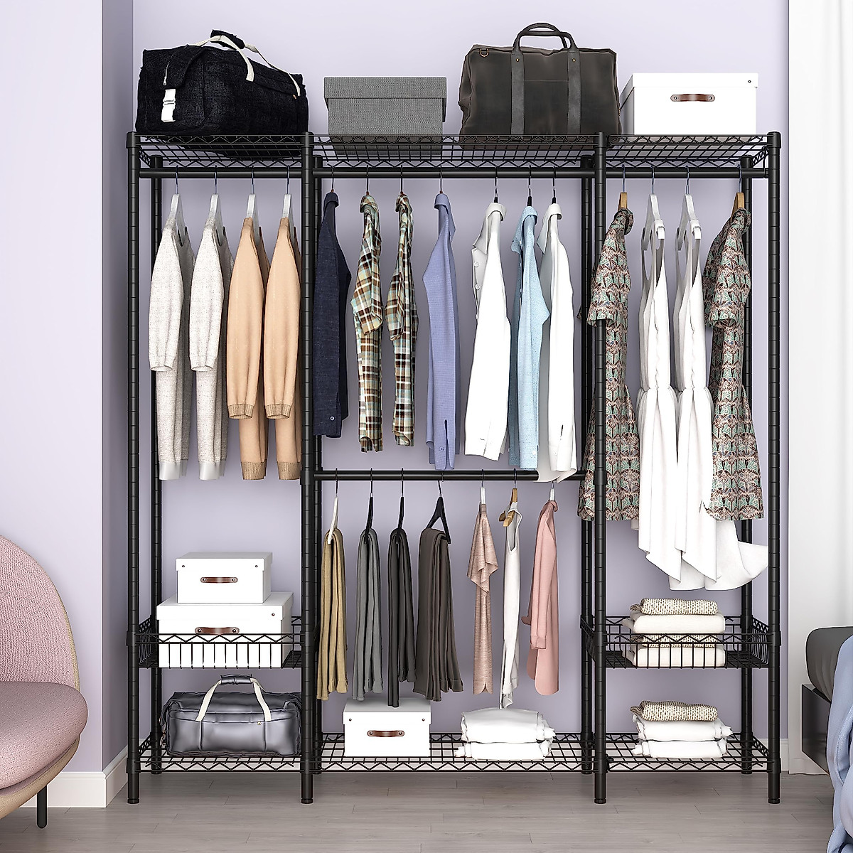 Xiofio Heavy Duty Clothes Rack,Multi-Functional Clothing Rack Freestanding Bedroom Garment Rack for Hanging Clothes,Adjustable Shelf and Fixed Baskets,55" L x 15.7" W x 75" H Max Load 800LBS,Black