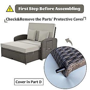 Merax Chaise Lounge Outdoor, Double PE Wicker Rattan Patio Reclining Chair, 2-Person Sunbed with 3 Adjustable Backrest & Free Furniture Protection Cover, 2-Piece, Grey