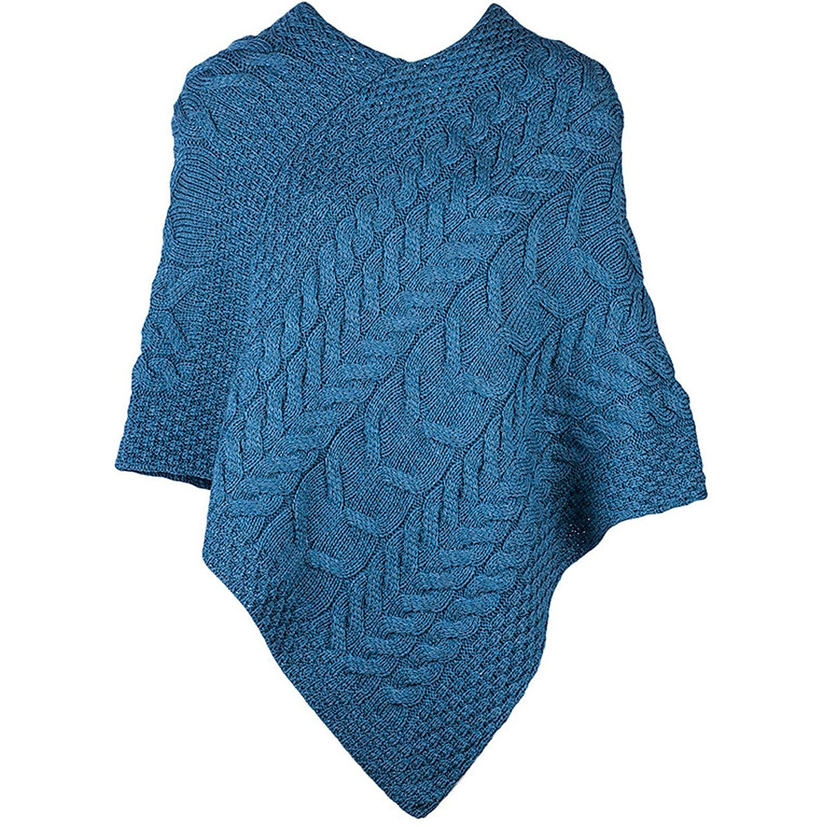 Super Soft Merino Wool Triangular Aran Cable Knit Design Poncho, Blue Colour