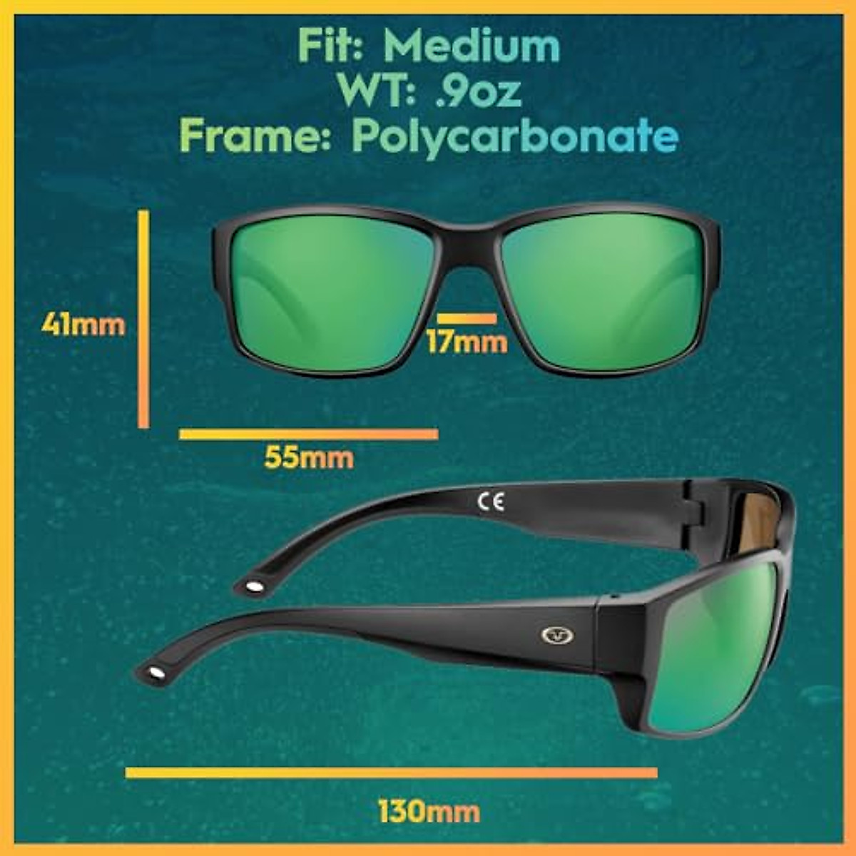 Flying Fisherman Baleen Wrap Around Polarized Sunglasses, Matte Black Frame/Amber-Green Mirror Lens, Medium