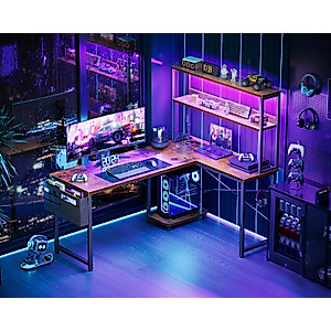 AODK L Shaped Desk Gaming Desk with LED Light & Power Outlet, 53 Inch Reversible L Shaped Computer Desk with Shelf, Corner Desk with Storage Bag&Hook for Home Office Desk, Vintage