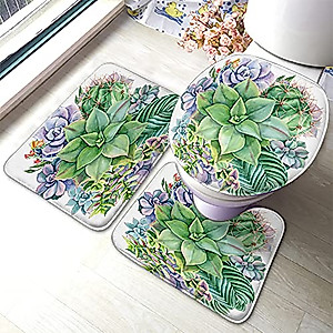 Wondertify Bouquet Succulents Bathroom Antiskid Pad Watercolor Botanical Echovirus Plants 3 Pieces Bathroom Rugs Set, Bath Mat+Contour+Toilet Lid Cover Green Purple