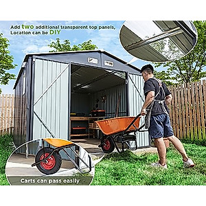 VanAcc 10x12x7.5 FT Outdoor Storage Shed, Galvanized Steel Metal Garden Sheds with 2 Light Transmitting Window and Double Lockable Door, Oversized Tool Sheds for Backyard Patio Dark Grey/White