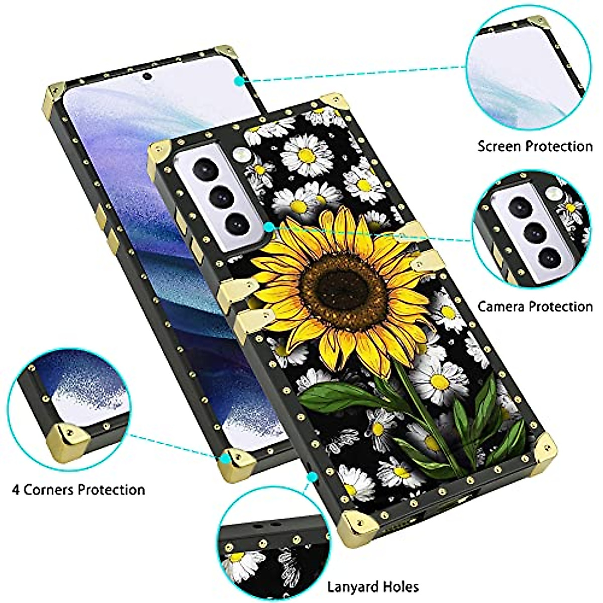 KANGHAR Designed for Samsung Galaxy S21 5G Case Sunflower with Tempered Glass Screen Protector Lanyard Strap Ring Holder Kickstand for Women Girls Flower Daisy Square with Finger Grip Stand 6.2"