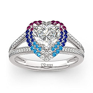 2.3 Carat Double Halo Heart Cut Sterling Silver Ring Cubic Zirconia Wedding Band Set Bridal Promise Diamond Engagement Ring with Side Stones crystal Anniversary birthstones Set With Gift Jewelry Box (Aquamarine Blue, 8.5)