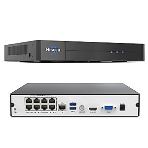 【16 channel Extendable】Hiseeu 8 Port 4K PoE Network Video Recorder NVR, Support 4K/2K/8MP/5MP/3MP/1080P PoE Camera, Free Remote Access, Motion Alarm, 24/7 Recording, Smart Playback, No Hard Disk Drive
