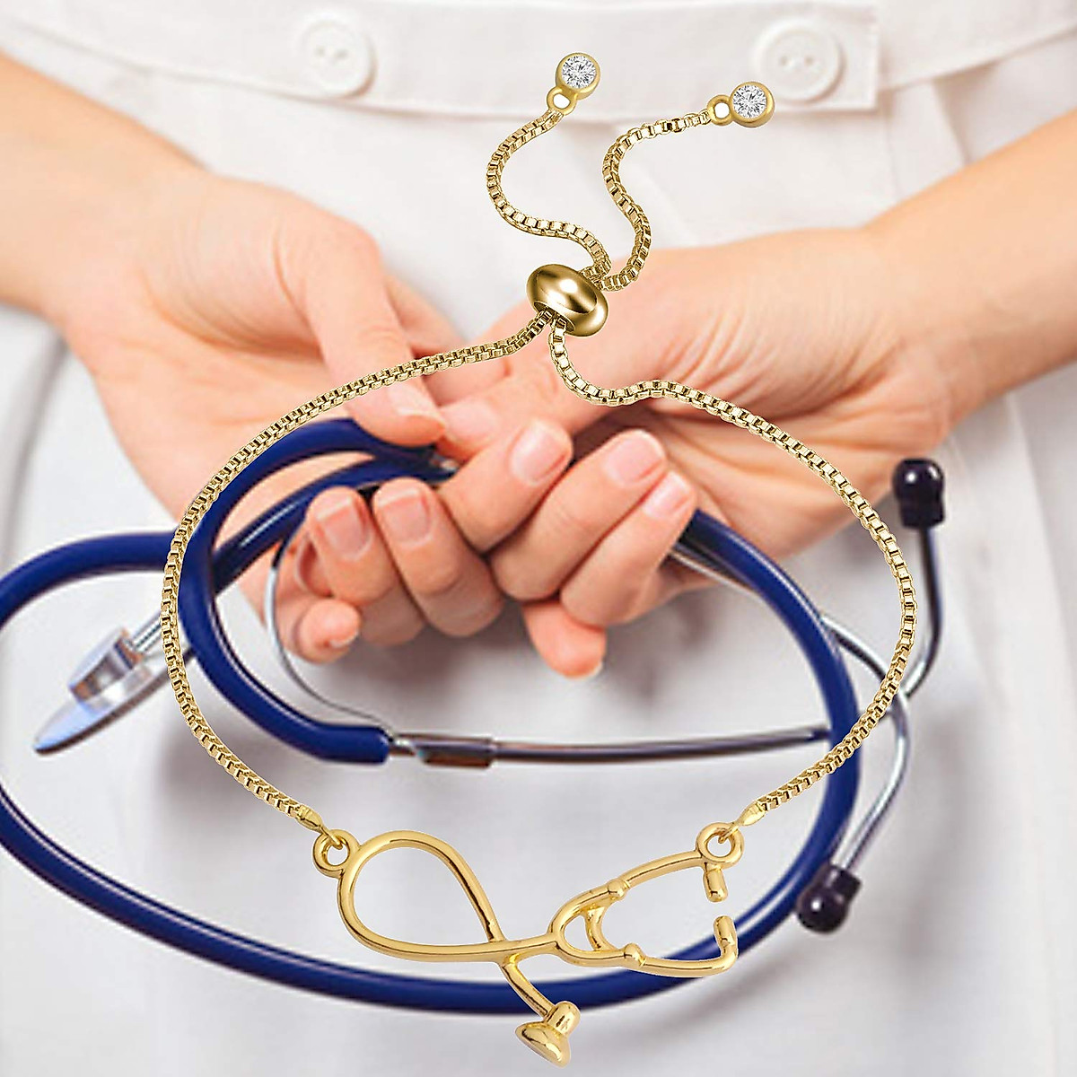 MYOSPARK Stethoscope Adjustable Chain Bracelet Medical Jewelry Gift For Doctor Nurse Medical Student (stethoscope bracelet gold)