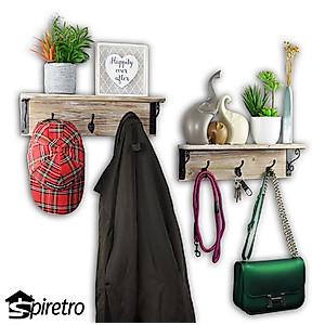 Spiretro Wall-Mounted Coat Hook Rack with Shelf - Set of 2 - Rustic Wood Grey - Entryway Mudroom Bathroom Organizer