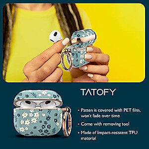 TATOFY Case Cover for AirPods 3, AirPods 3 Case for Women, Flora Protective Hard Case with Carabiner, Led Visible, Wireless Charging Compatible (Cyan)