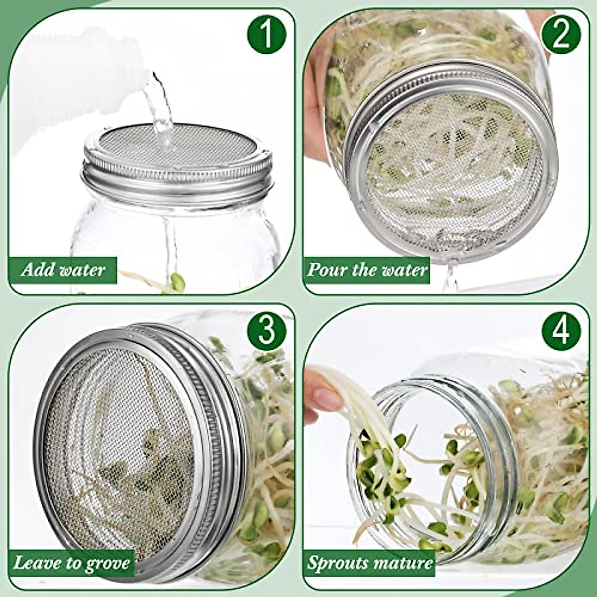 Thenshop 16 Pack Sprouting Lids for 86 mm Regular Mouth Mason Jars, 304 Stainless Steel Sprouting Jar Strainer Screen Lids, Canning Jars Suit for Grow Bean Sprouts, Alfalfa, Salad Sprouts