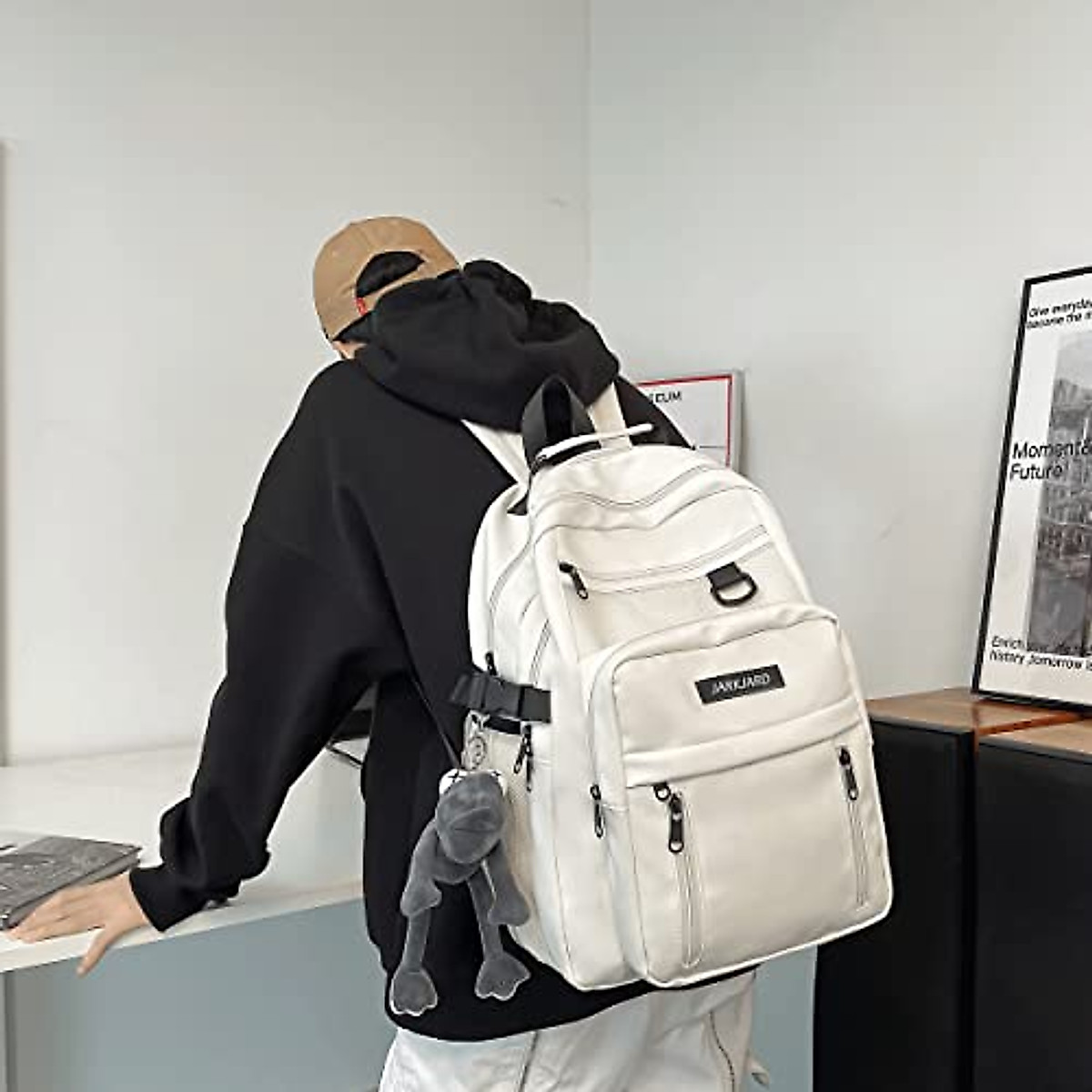 JARKJARD Cute Aesthetic Backpack Kawaii Backpack for School with Cute Pendant Casual Daypack Middle Student Travel College Bookbag for Girls Large Capacity(White)