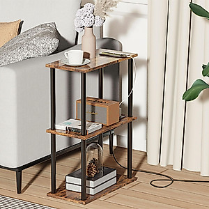 Lifenite Small Side Table with Charging Station Set of 2, Narrow End Table with USB Ports and Outlets, 3-Tier Skinny Nightstand, Slim Sofa Table for Small Space, Bedside Table for Living Room, Bedroom