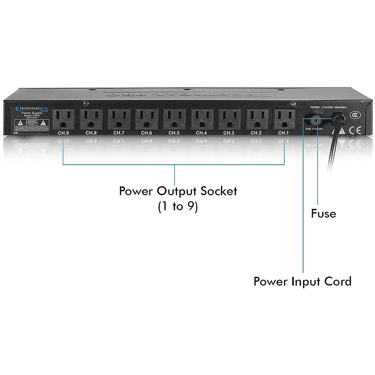 Technical Pro Power Supply Strip - 9 Power Outlet with Switches, 5V USB Charging Port, 1800 Watts Max Load Power Conditioner, High Load Power Electric Extension Cord Strip - 4 Ft