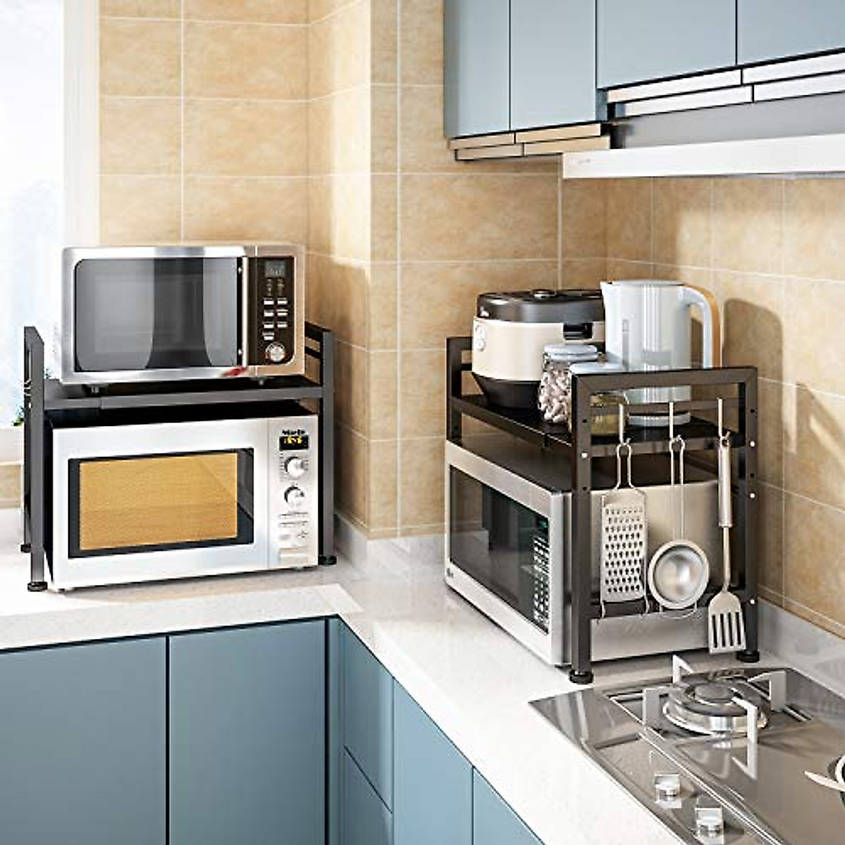 TAGLINES Expandable Metal Microwave Oven Rack Shelf Kitchen Supplies Tableware Storage Carbon Stainless Steel Counter Rice Cooker Stand Contains 2 Tiers with 3 Hooks Black