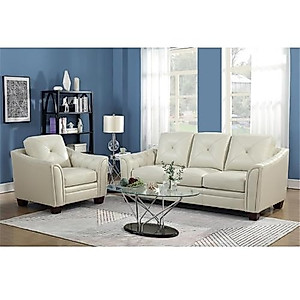 MAKLAINE 86" W Transitional Leather Tufted Fitted Back Sofa with Removable Seat Cushions, Leg Assembly Required, Seats up to 3 People, in Ivory Finish