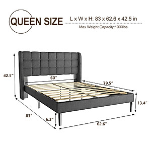 HAOARA Queen Bed Frame with Headboard and Upholstered Wingback, Modern Platform Bed Frame, Mattress Foundation Wooden Slats Support, No Box Spring Needed, Easy Assembly, Dark Grey