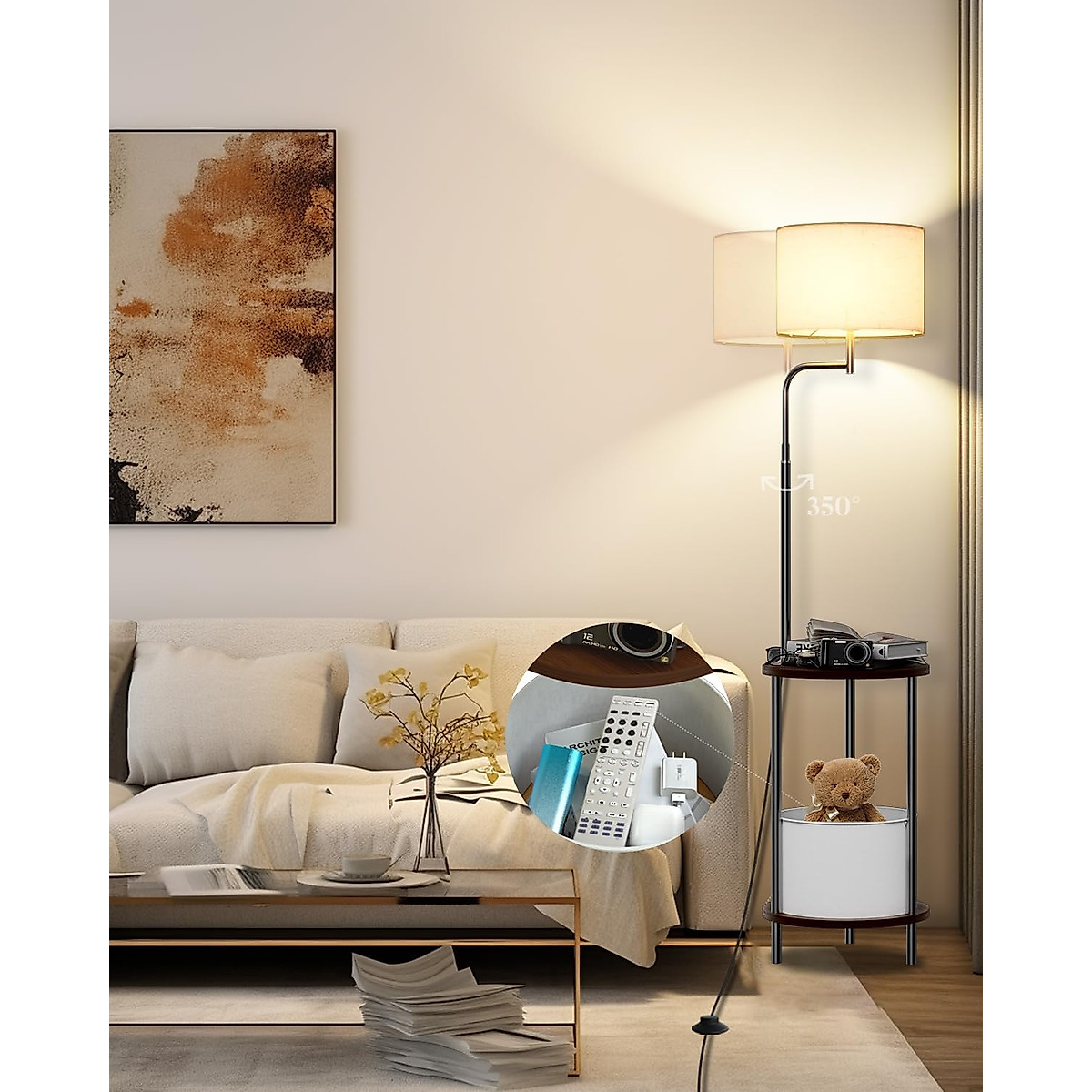 Lightdot 57IN Floor Lamp with Shelves, Mid Century Modern Standing Lamps with Bulb and Storage Bag Included, Black Pole End Table with Linen Lampshade for Living Room, Bedroom, Office-F